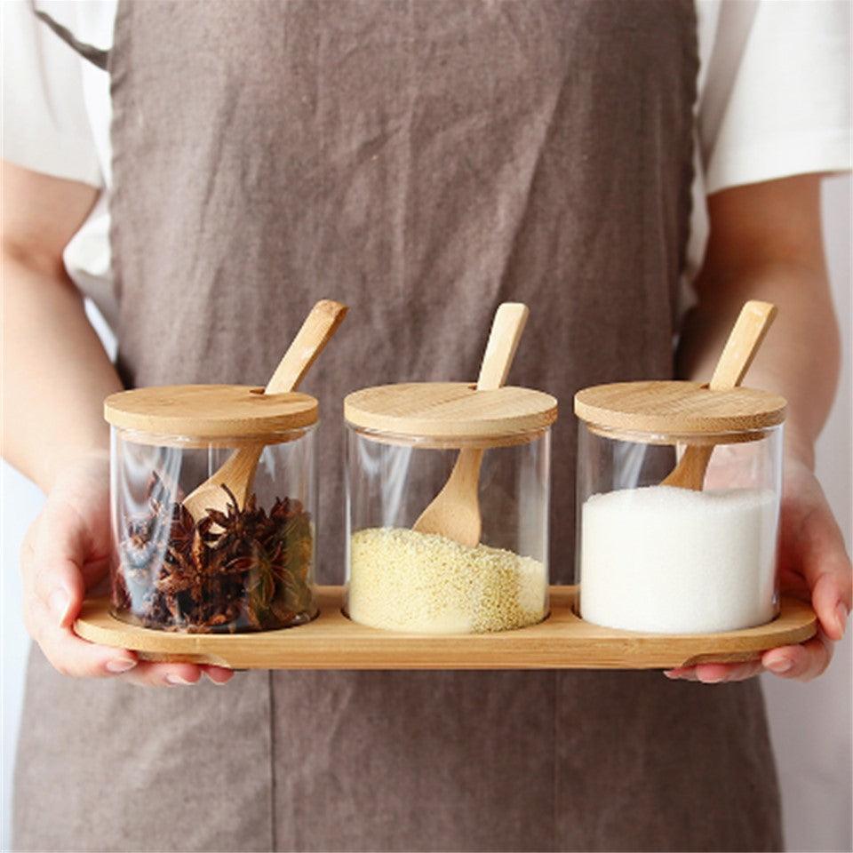 Set of 3 Condiment Container Seasoning Box Set with Wooden Spoon Lid a